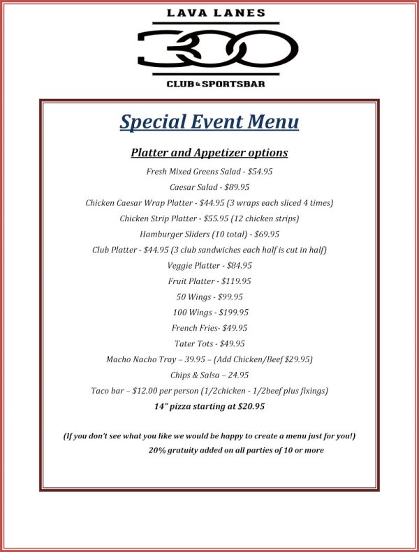 Special Event Menu - Lava Lanes