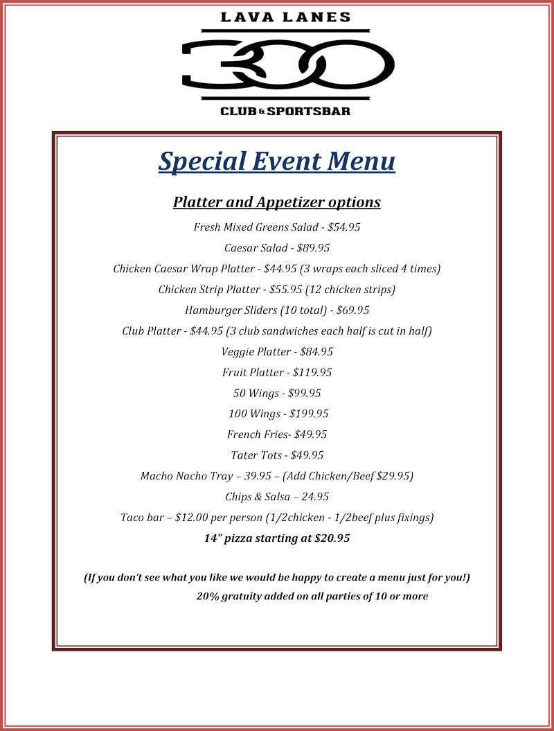 Special Event Menu - Lava Lanes